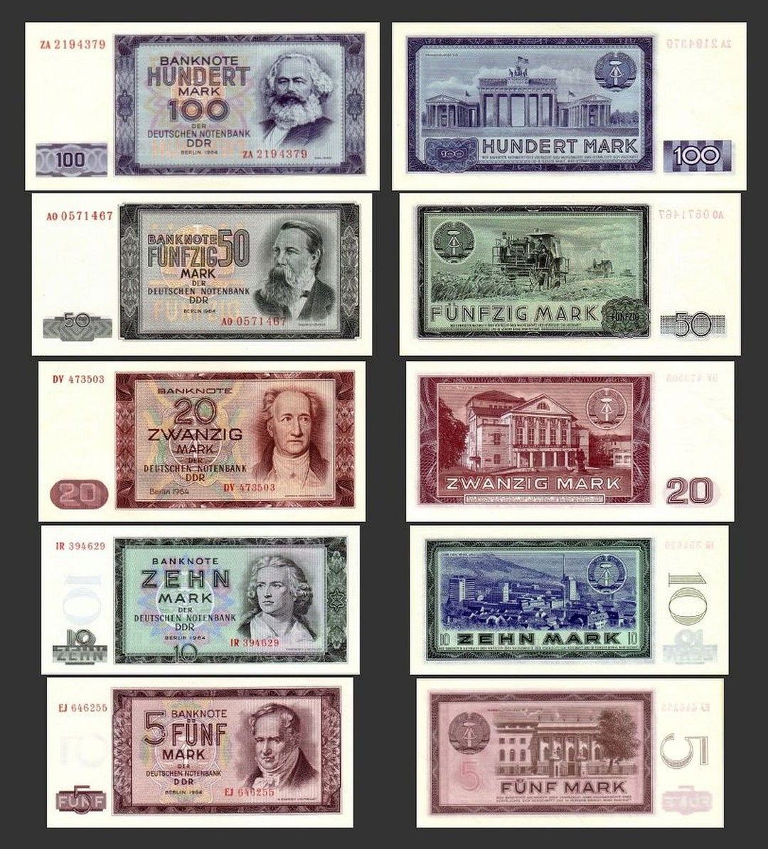 5, 10, 20, 50, 100 GDR Mark Banknotes 1964 Old GDR Currency ...