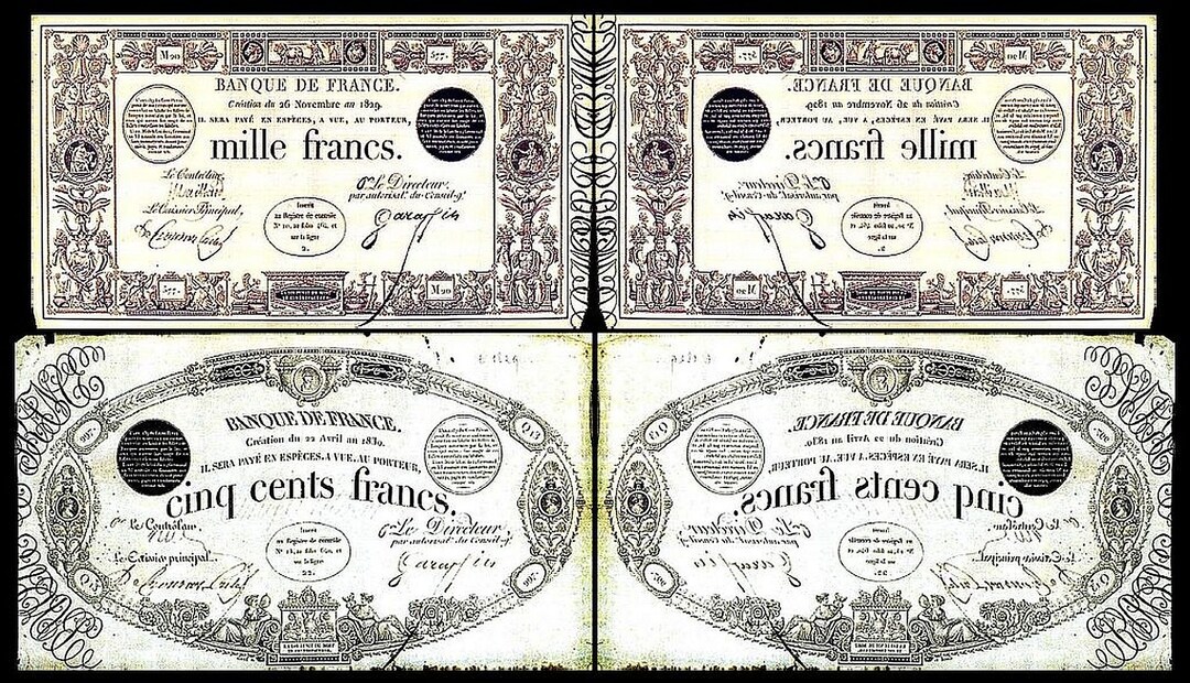 500, 1000 French Francs Edition 1817 1829 2 Old Banknotes 26 ...
