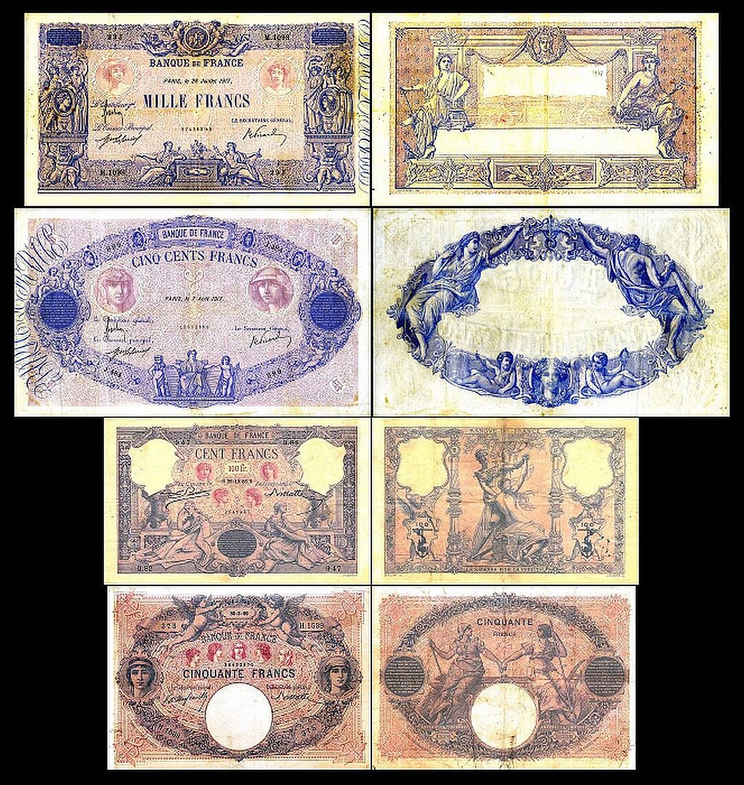 50, 100, 500, 1000 French Francs edition 1888-1937 4 Old Banknotes 17 ...