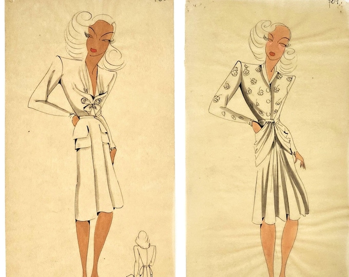 Set of 2 -french Original 1940s Fashion Drawings - Etsy