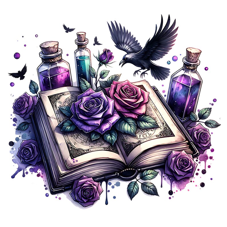 Spell Book Clipart: Cats, Crows & Floral Fantasy (digital Download PNG ...