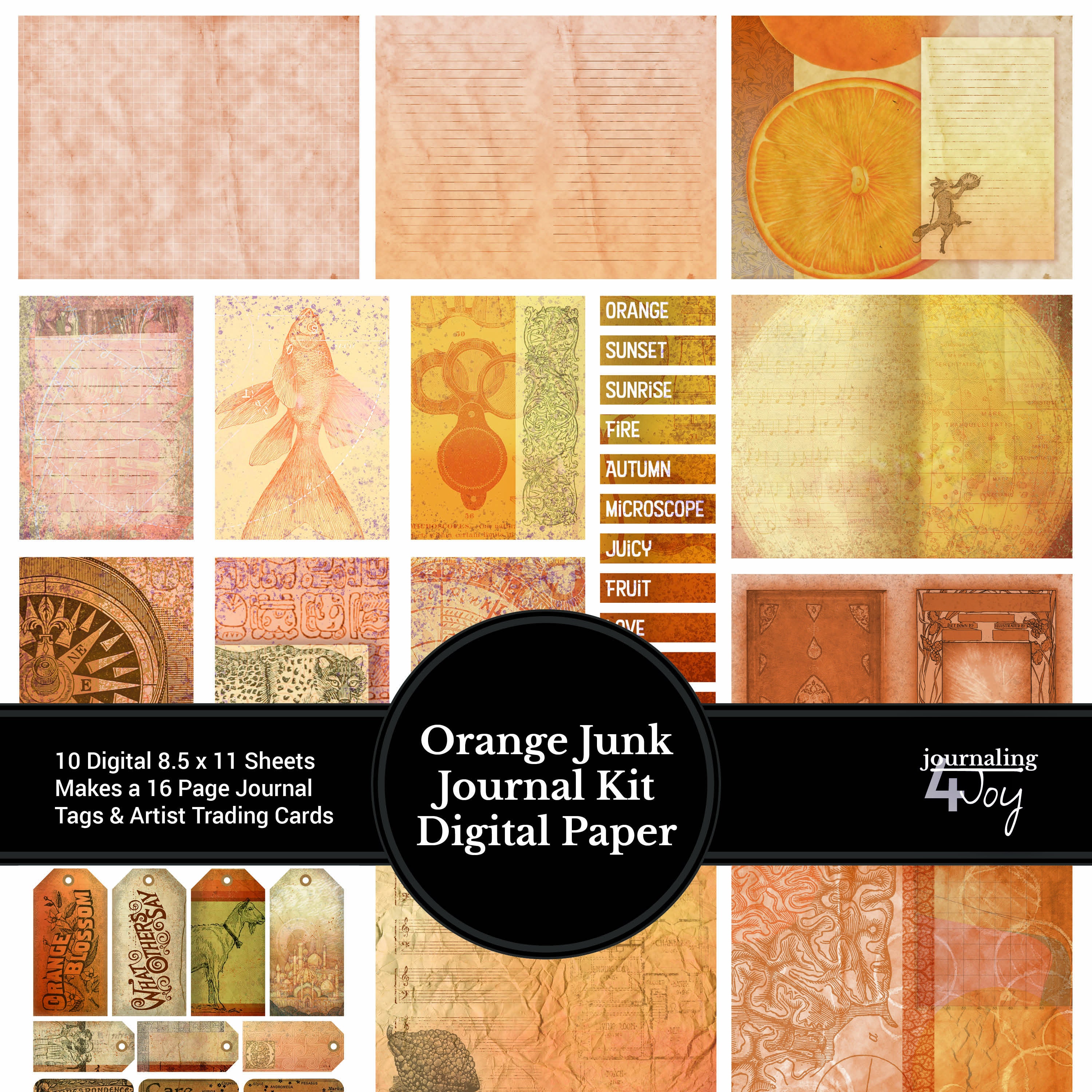 Orange Junk Journal Kit - Printable Digital Junk Journaling Kit - 10 ...