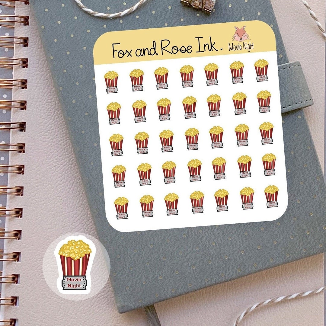 Popcorn Stickers/ Planner Stickers Sheet/ Movie Night Stickers/ Movie ...