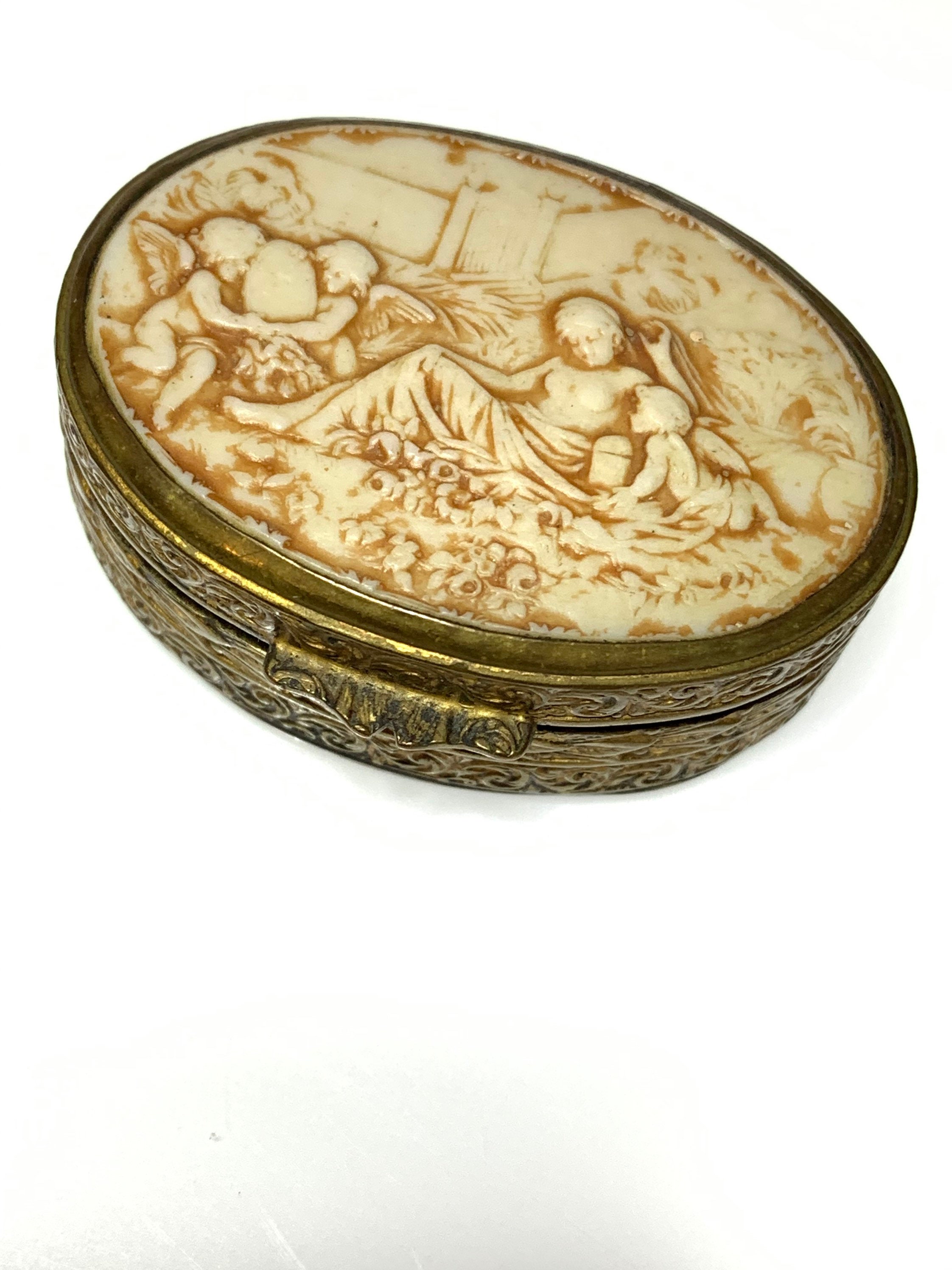 Oval Carved Bone Pill Box With Etched Brass Case. Cherubs / Angels ...