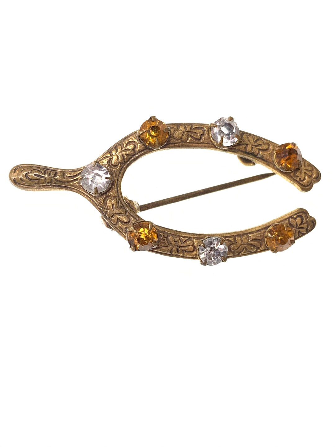 Vintage Wishbone Brooch Pin With Amber and Crystal Stones - Detailed ...