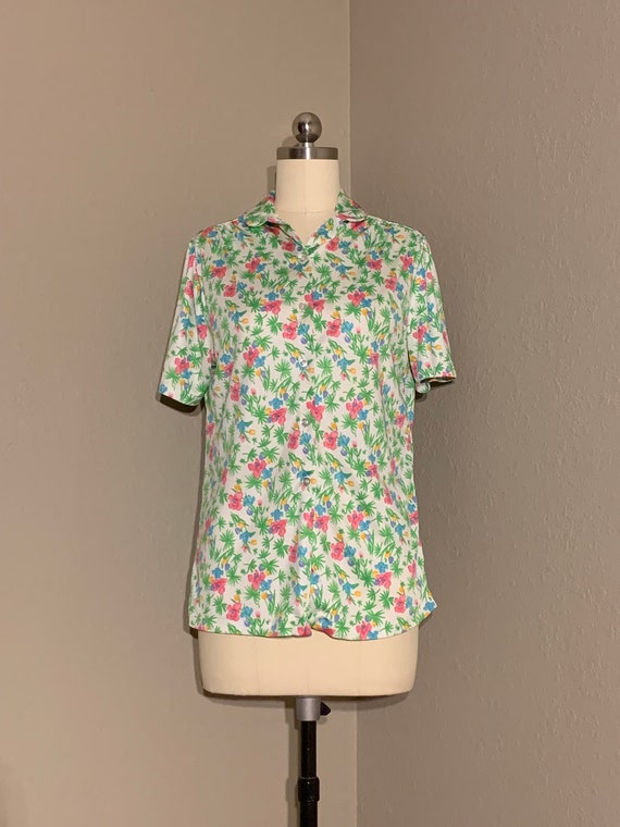 1960's-70's Spring Colorway Floral Slinky Blouse with… - Gem