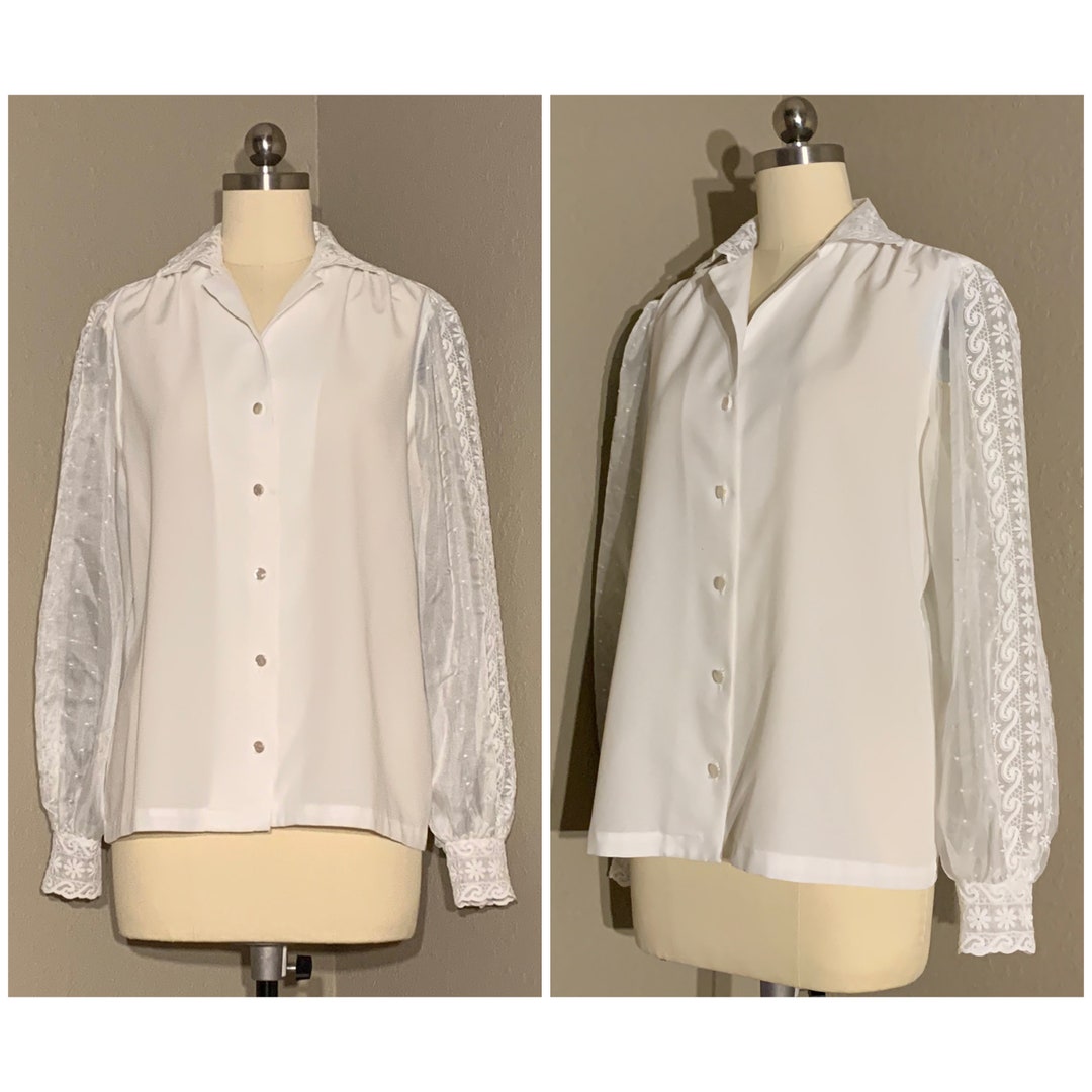 1970's-80's White Victorian Style Blouse With Sheer Embroidered Bishop ...
