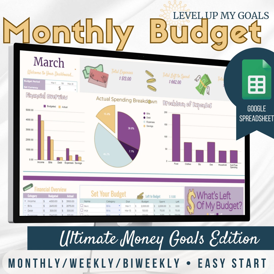 Purple- Monthly Budget Spreadsheet - Ultimate Money Goals Edition ...