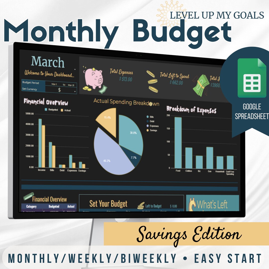 Dark Mode - Monthly Budget Spreadsheet - Savings Edition, Budget ...