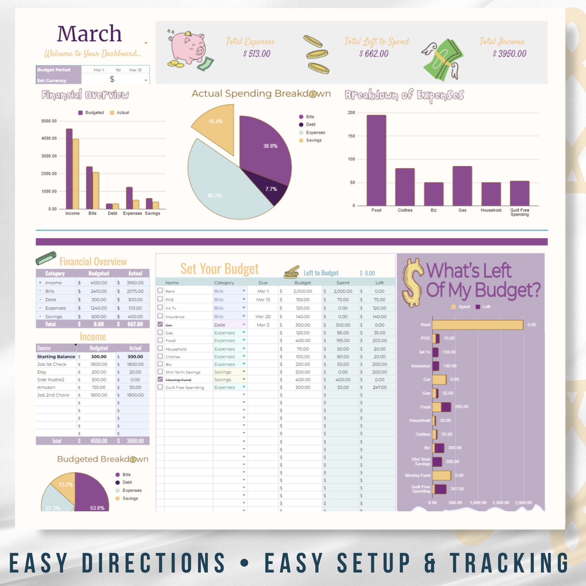 Purple Beautiful-monthly Budget Spreadsheet-debt Payoff Edition, Budget ...