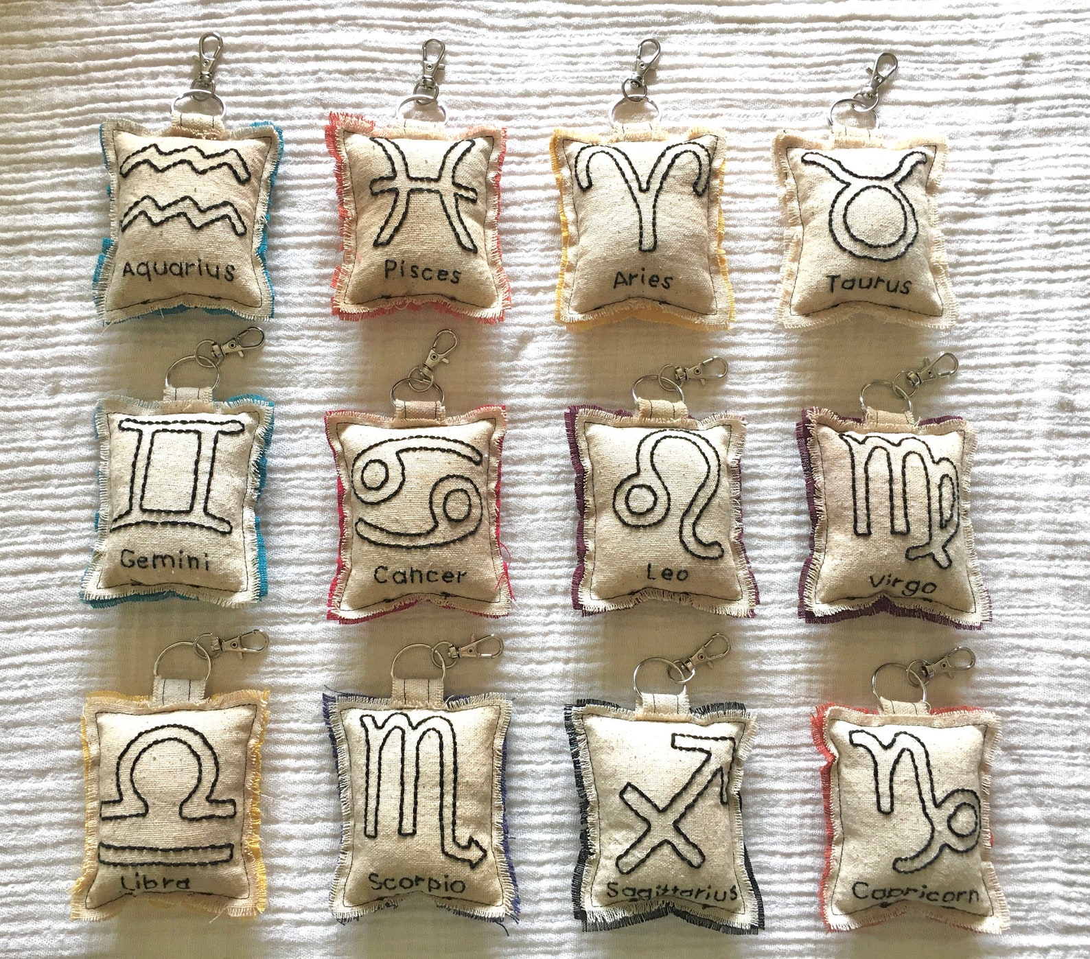 Zodiac Keychains Hand Embroidered Tea-dyed Frayed Fabric | Etsy