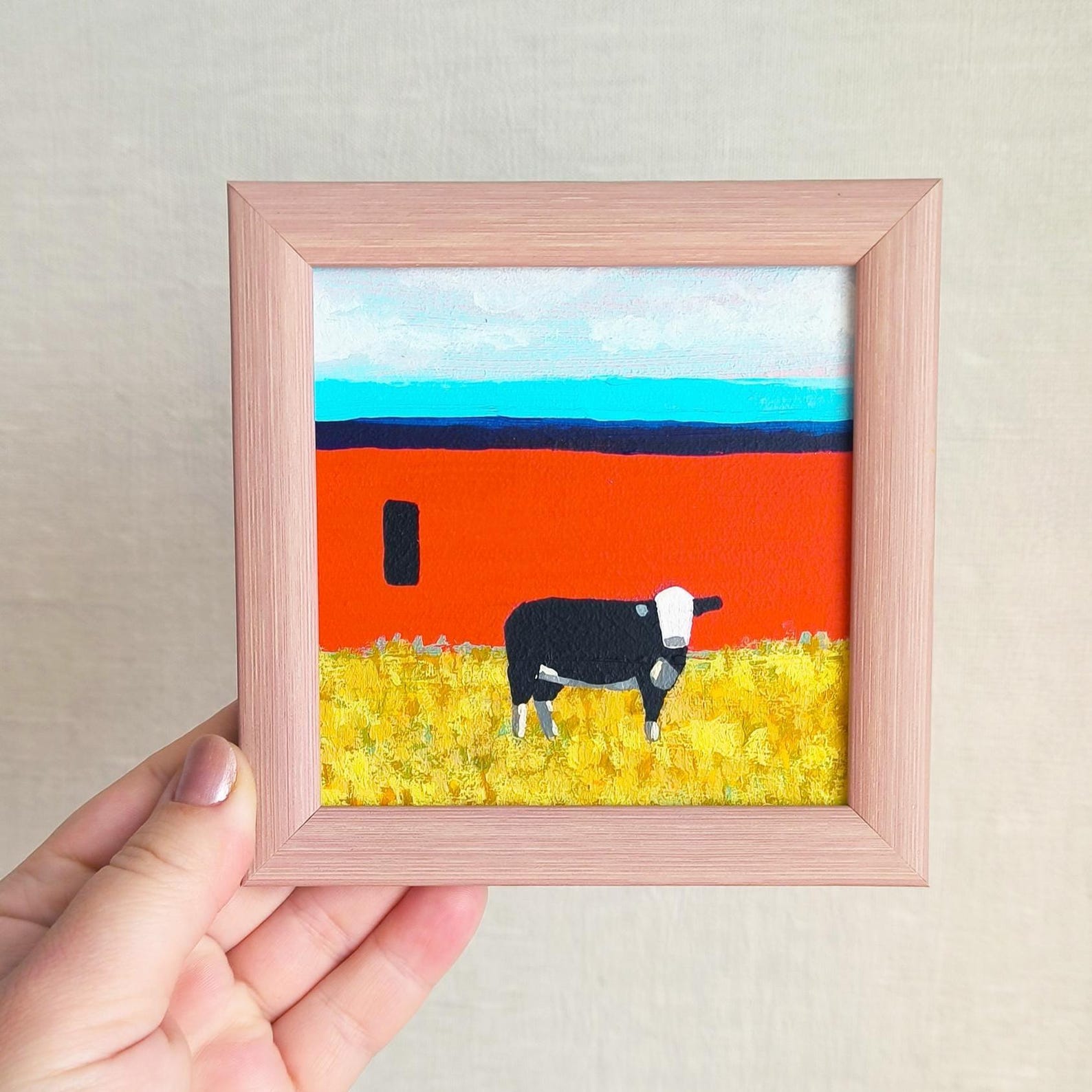 Red Barn Cow Painting: Farmhouse Kitchen Decor, Original Framed Artwork ...