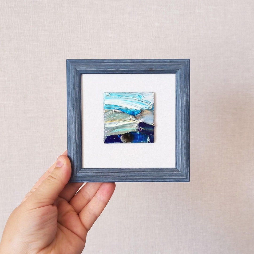 Mini Blue Oil Painting, Abstract Small Seascape Frame 5x5 Tiny Art ...
