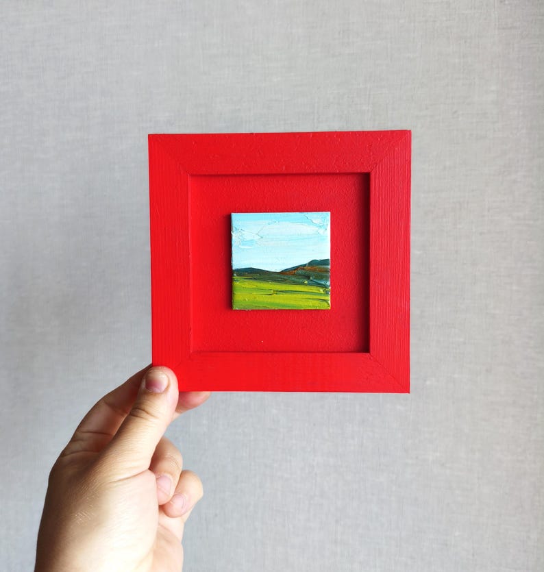 Red Mini Abstract Oil Hand-painted, Miniature Art, Framed Tiny Modern ...
