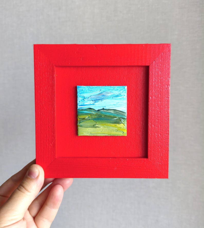 Red Mini Abstract Oil Hand-painted, Miniature Art, Framed Tiny Modern ...