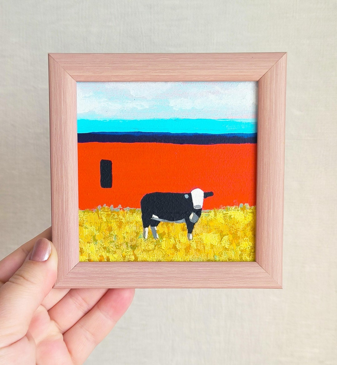 Red Barn Cow Farm Cornfield Landscape Rustic Painting 5x5 Tiny Animals ...