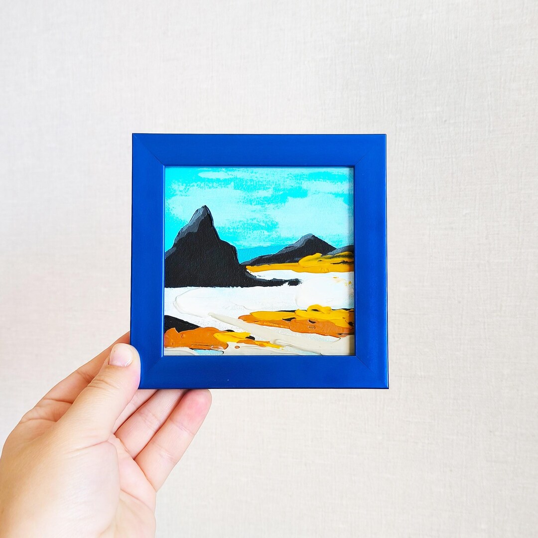 Tiny Abstract Blue Landscape Artwork, Black Mountains, Small Acrylic ...