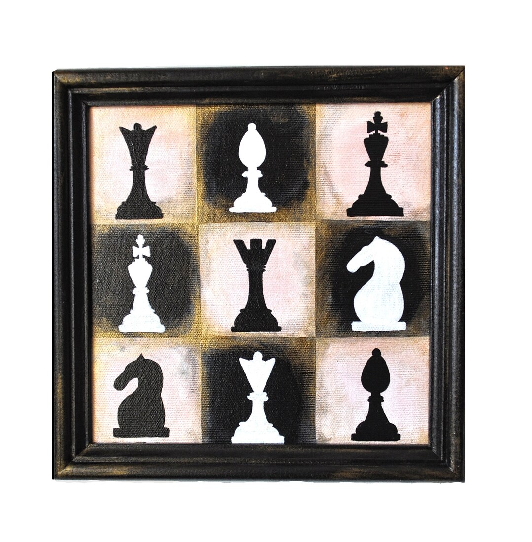 Chess Painting Chessmen Original Acrylic Art Chess Set Chessboard Wall Decor Black White Decor ...