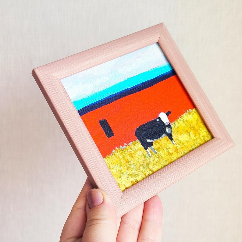 Red Barn Cow Painting: Farmhouse Kitchen Decor, Original Framed Artwork ...