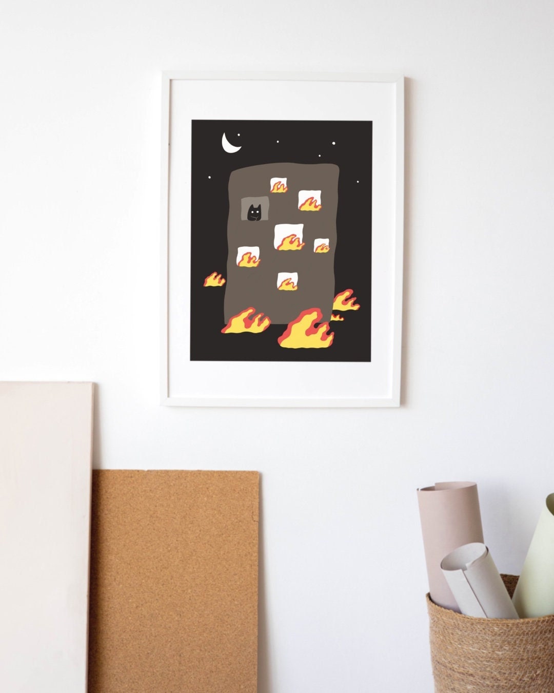 Lonely Cat Wall Art, Moody Black Cat and Burning Building Art Print ...