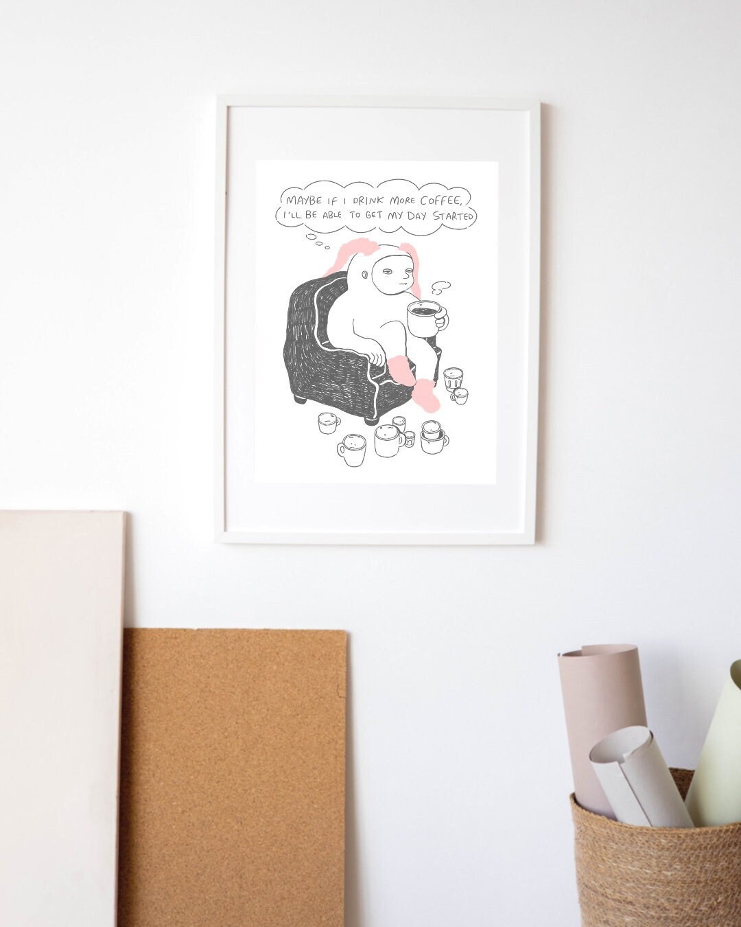 Depressed Coffee Lover Bunny Art Print, Funny Unframed Wall Art, Small ...