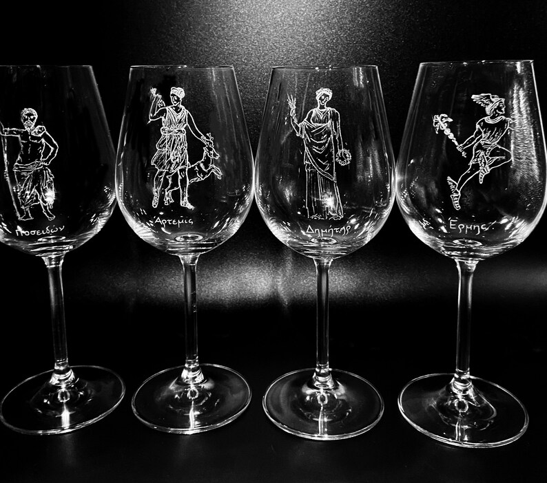 Set of 4 Greek Gods Hand Engraved Wine Glasses Fully Personalized Greek ...