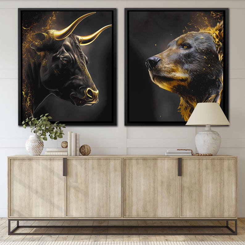 Gold Bull and Bear Financial Stock Broker Paintings, Matching Trader ...