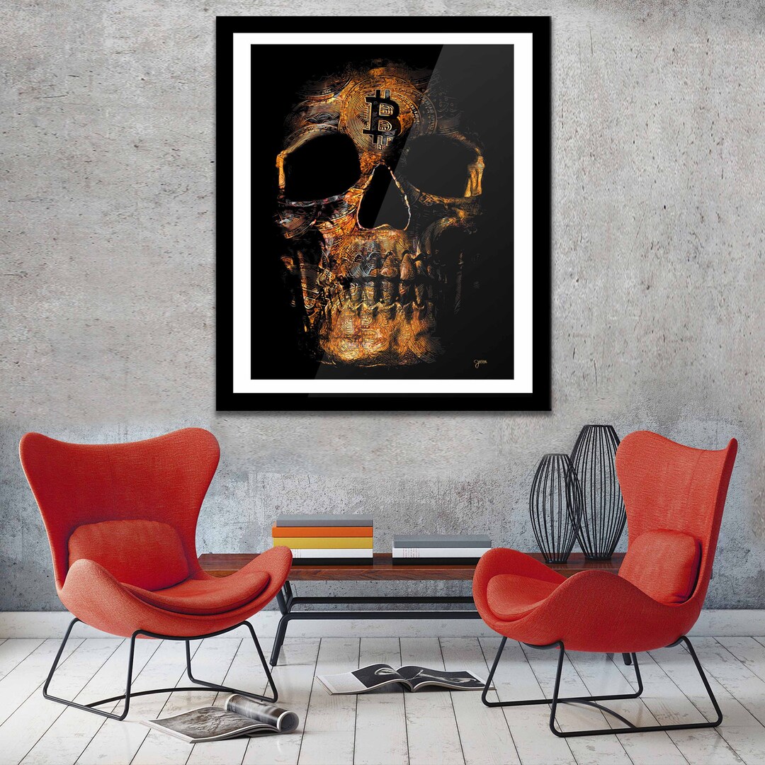Bitcoin Skull Spooky Pop Culture Wall Art | Money Skull Painting Crypto ...