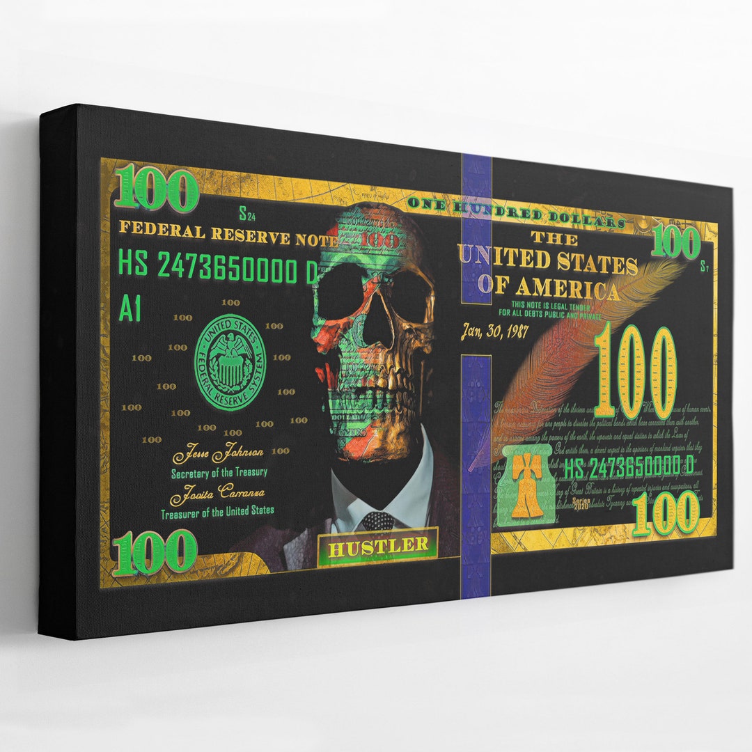 Skull Cash Print, 100 Dollar Bill Painting, Office Wall Decor, Cash ...