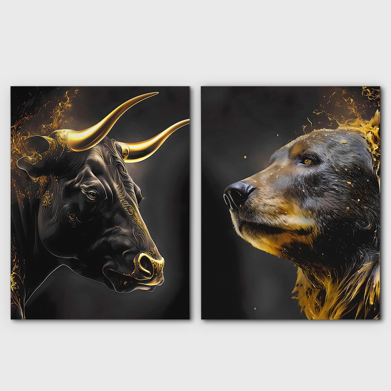 Gold Bull and Bear Financial Stock Broker Paintings, Matching Trader ...