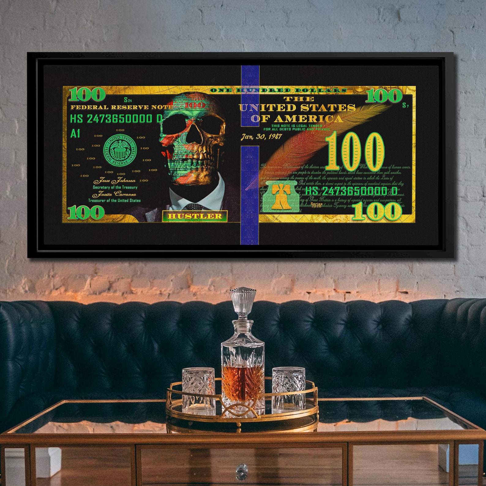 Skull Cash Print, 100 Dollar Bill Painting, Office Wall Decor, Cash ...