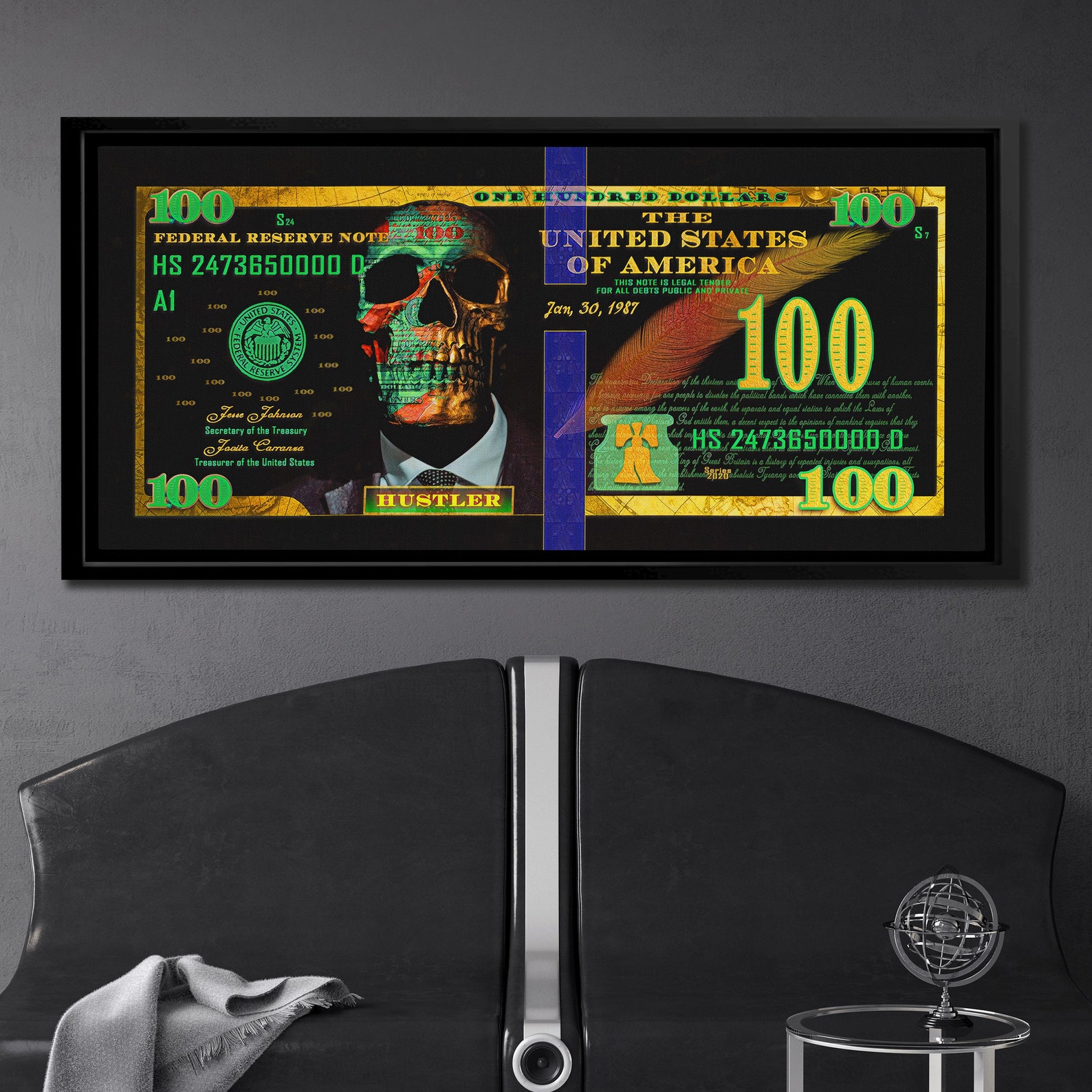 Skull Cash Print, 100 Dollar Bill Painting, Office Wall Decor, Cash ...