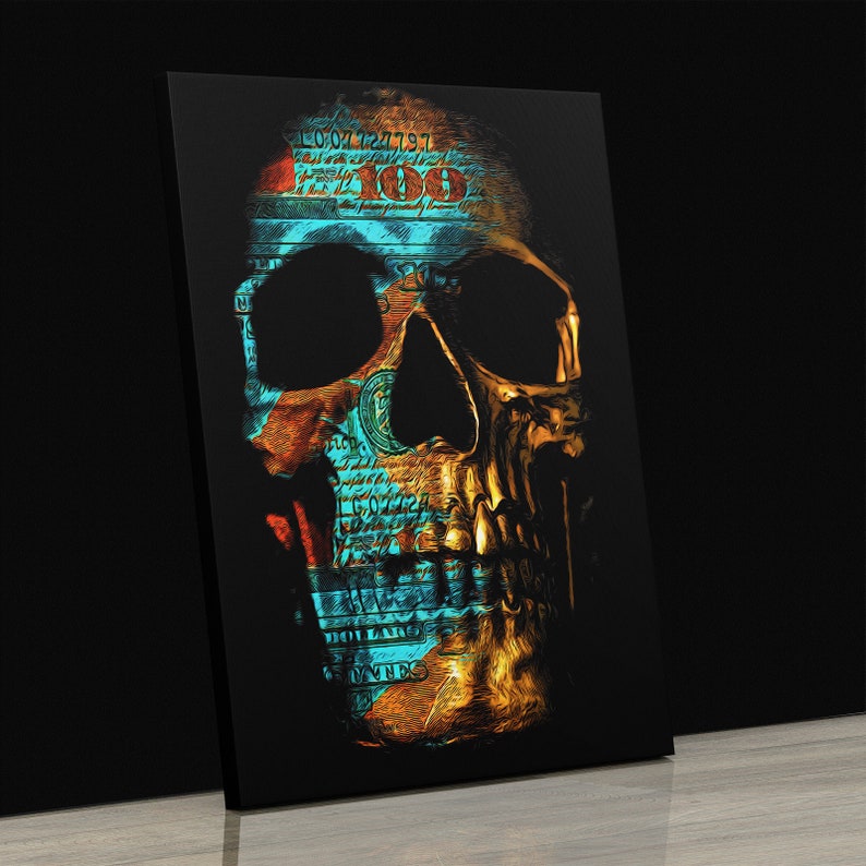 Gold SKULL Portrait Art Canvas Print, Cash Money Skull Artwork Gothic ...