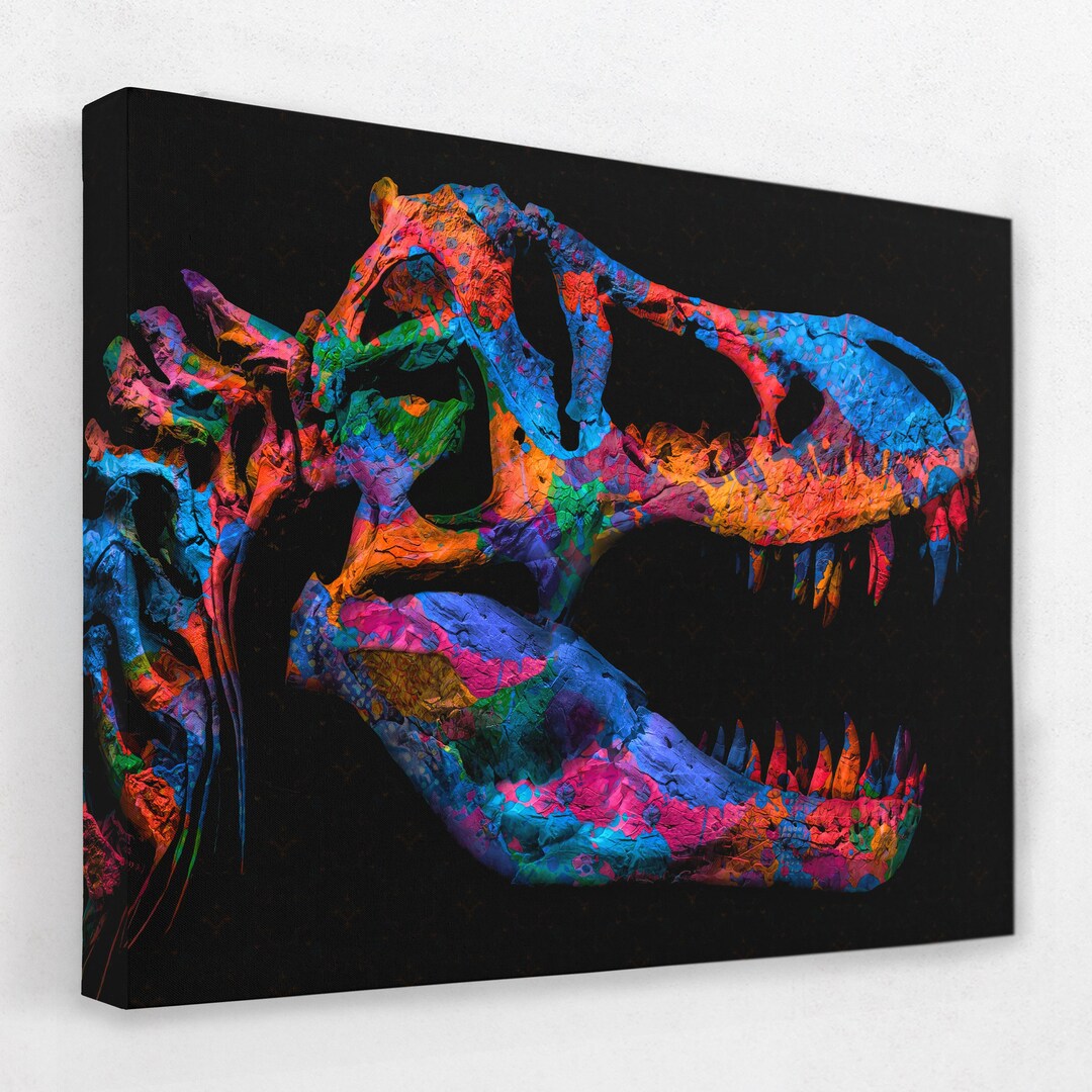 DINOSAUR SKULL ART, Skeleton Pop Art, Dinosaur Wall Art, Painted Neon ...