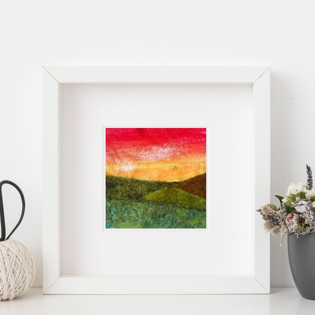 Handmade Sunset Landscape Textile Art: Embroidered Wool & Fabric - Etsy