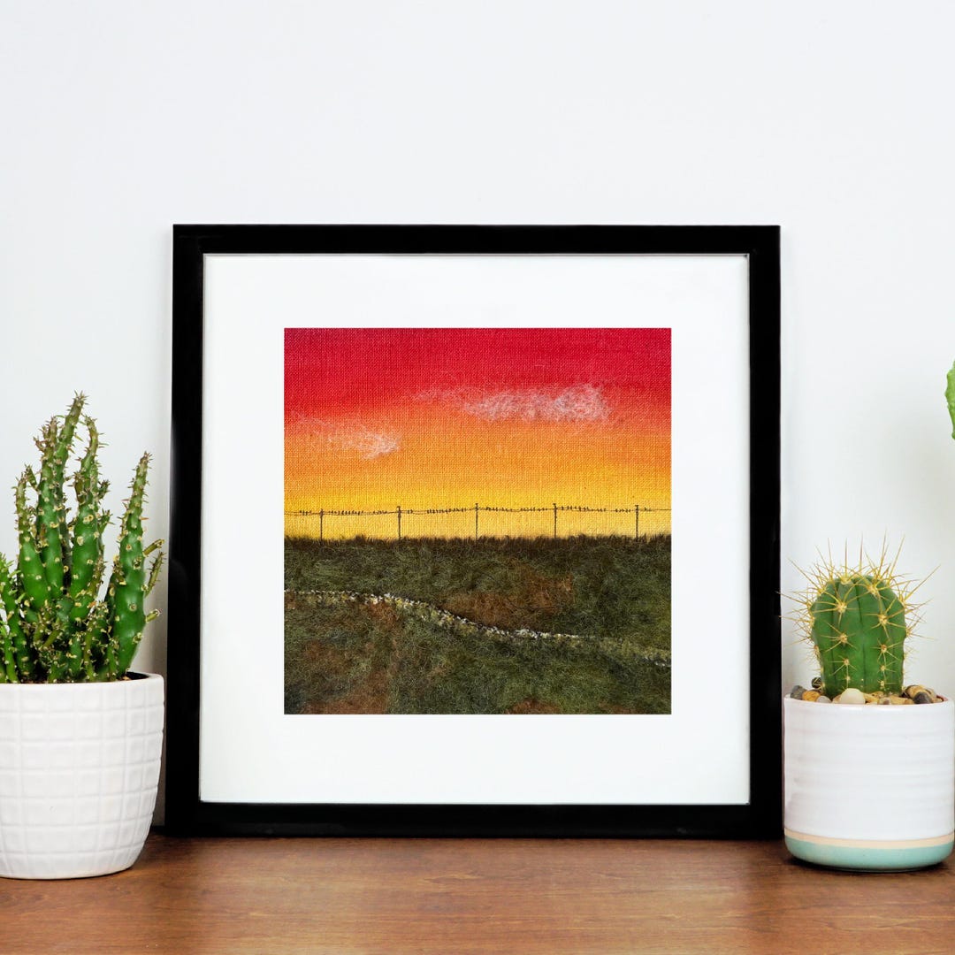 Handmade Textile Sunset Landscape Art: Birds on Wires - Etsy