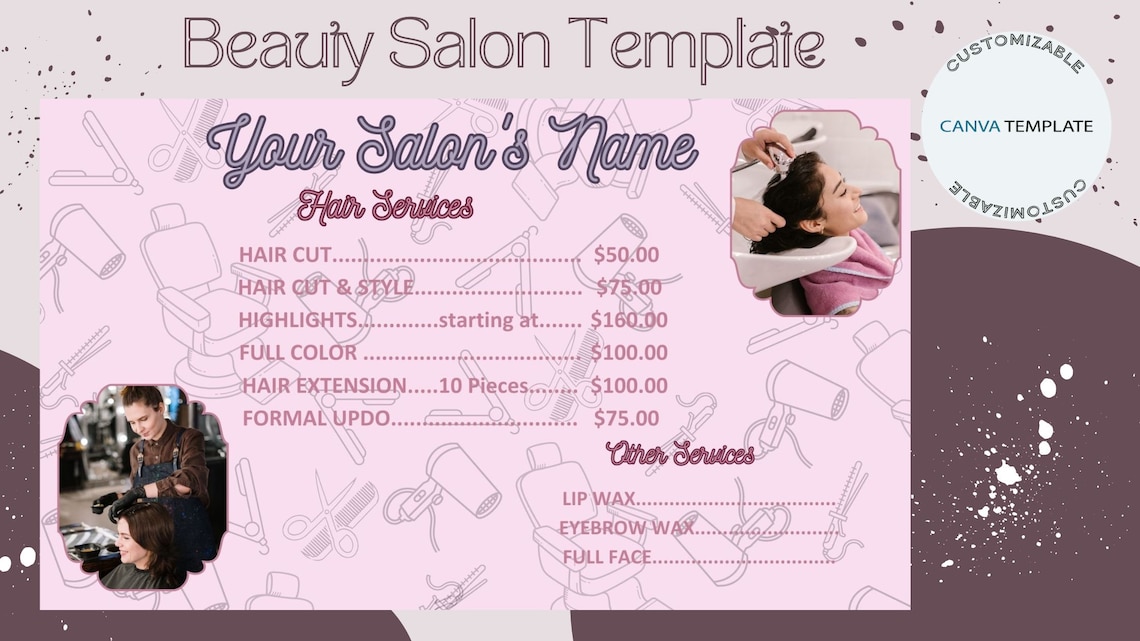 Beauty Salon Menu Template: Pink & Purple Canva Design - Etsy