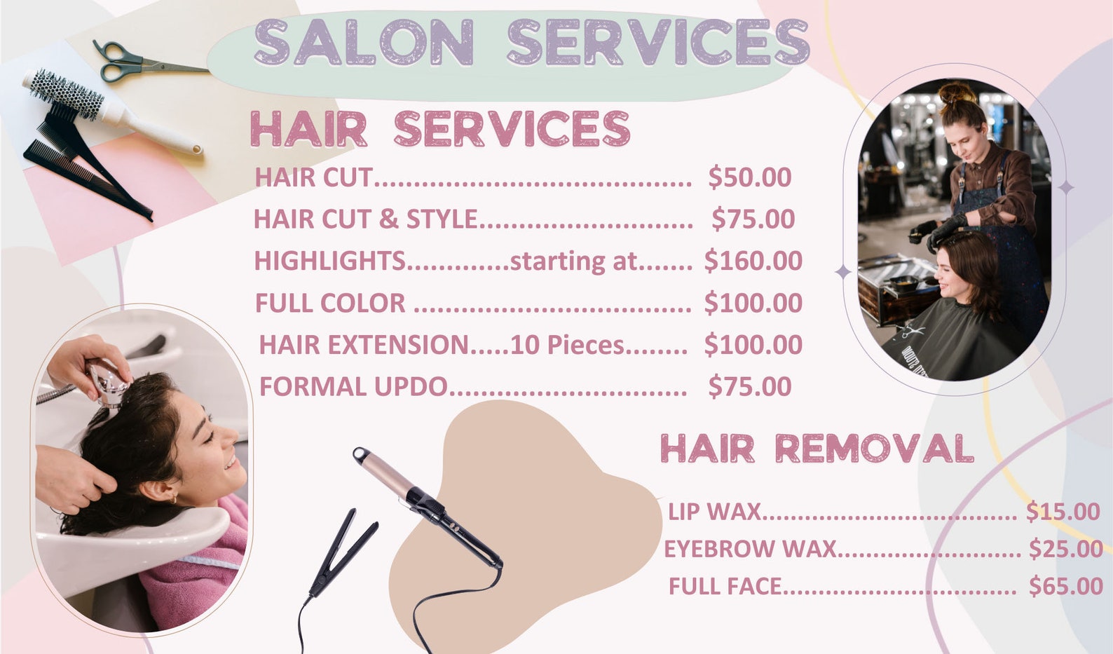 Beauty Salon Menu Canva Template for TV | Beauty Salon Pricing Template ...