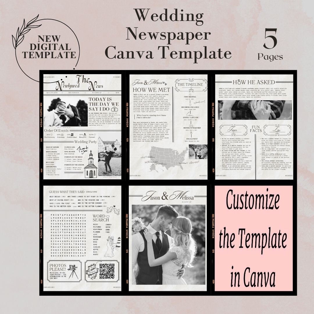 Customizable Wedding Newspaper Program: 5-page Canva Template - Etsy