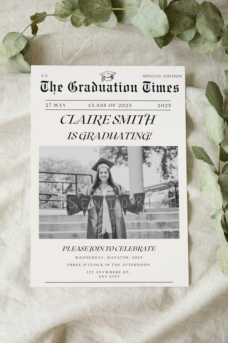 Newspaper Graduation Party Invitation, Editable Graduation Invite ...