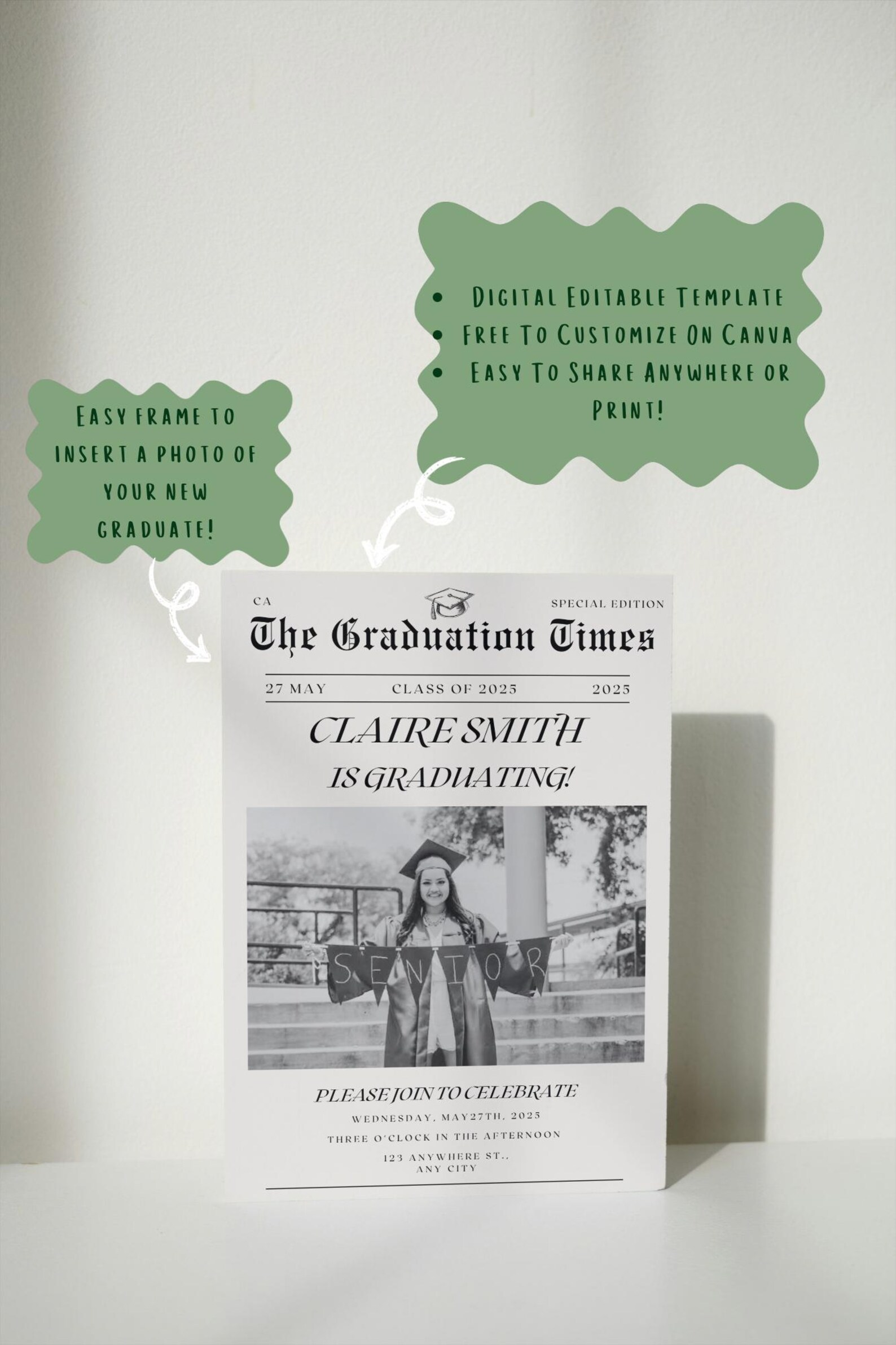 Newspaper Graduation Party Invitation, Editable Graduation Invite ...