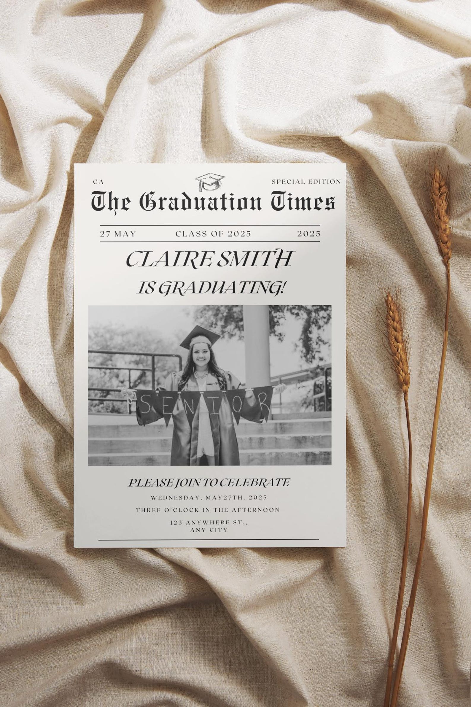 Newspaper Graduation Party Invitation, Editable Graduation Invite ...