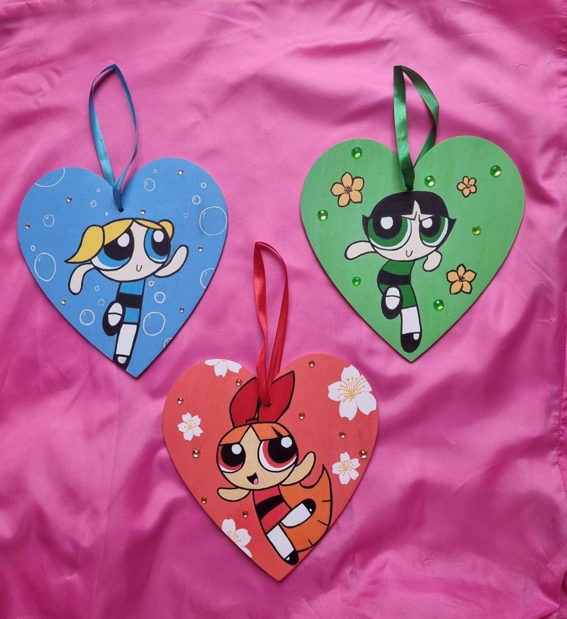 Handpainted Powerpuff Girls Wooden Art Heart - Etsy UK