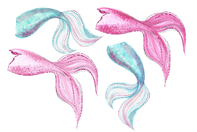 Watercolor Mermaid Tail Clipart, Mermaid Clip Art, Underwater Glitter ...
