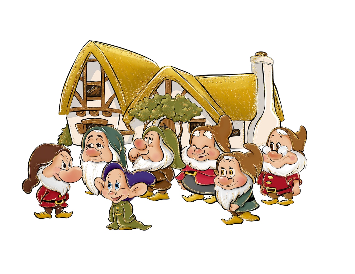 Seven Dwarfs Clipart: Snow White Cottage, Hand Drawn Illustration ...