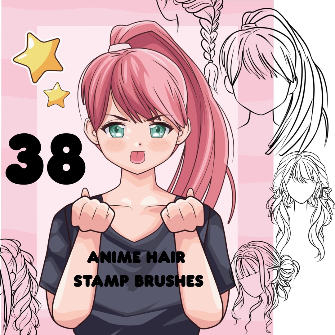 Procreate Anime Style Girl Hair Stamp Set, Hair Line Art Brush Pack ...