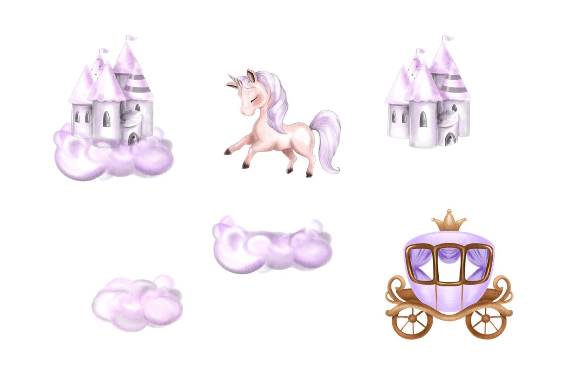 Watercolor Princess Clipart Set: Temple, Unicorn, Rainbow, Magical ...
