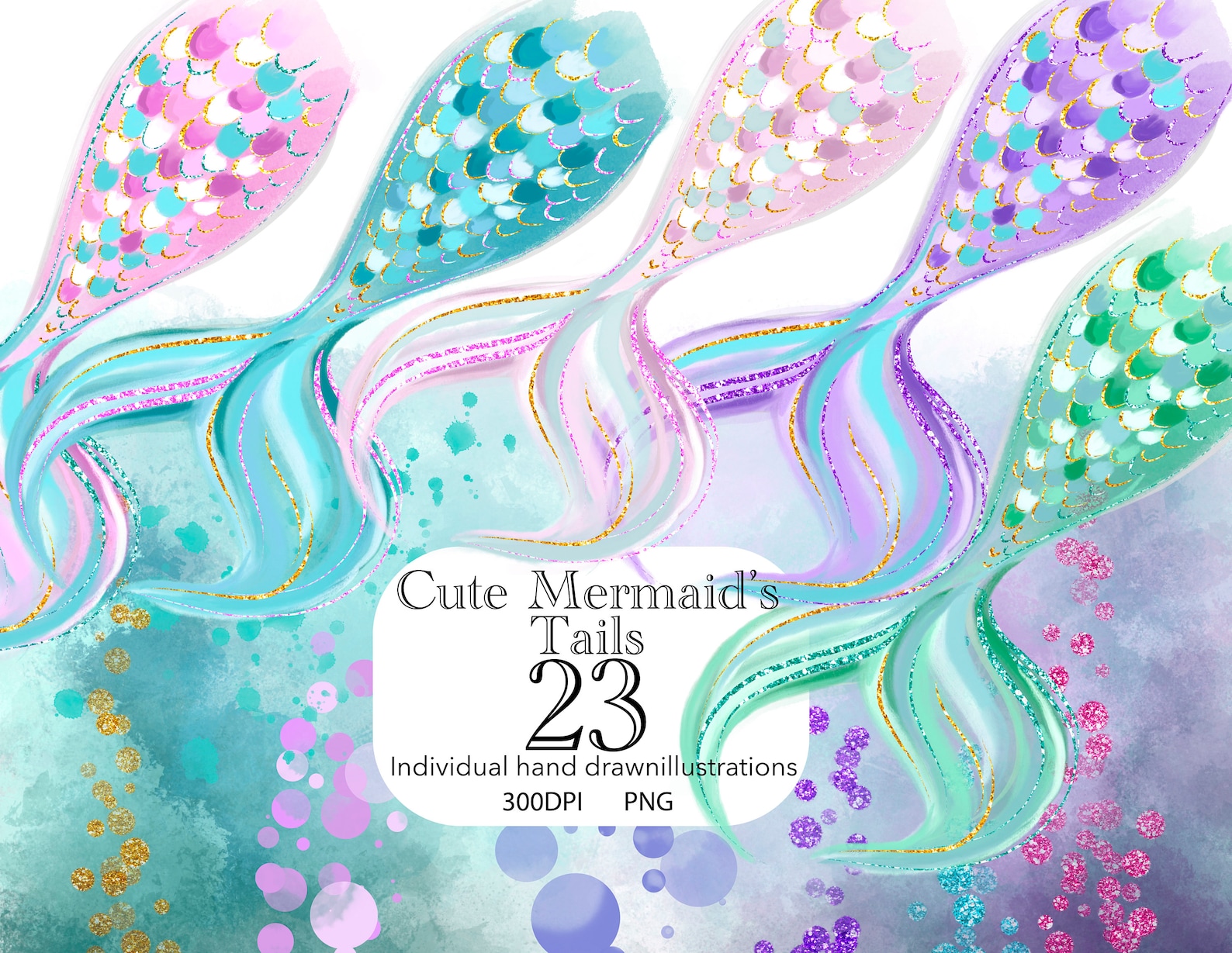 Watercolor Mermaid Tail Clipart, Mermaid Clip Art, Underwater Glitter ...