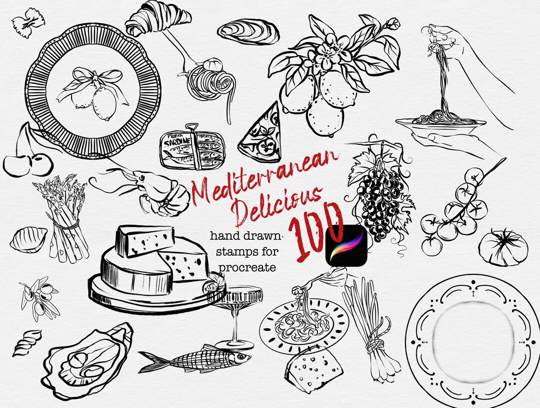 Mediterranean Food Procreate Stamp Brush Set, Hand Drawn Fruit Line ...