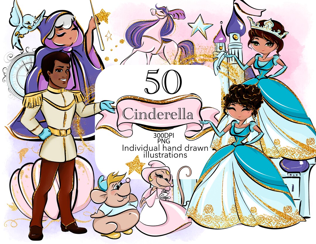 Watercolor Brown Skin Cinderella Clipart, Pumpkin Carriage, Fairytale ...